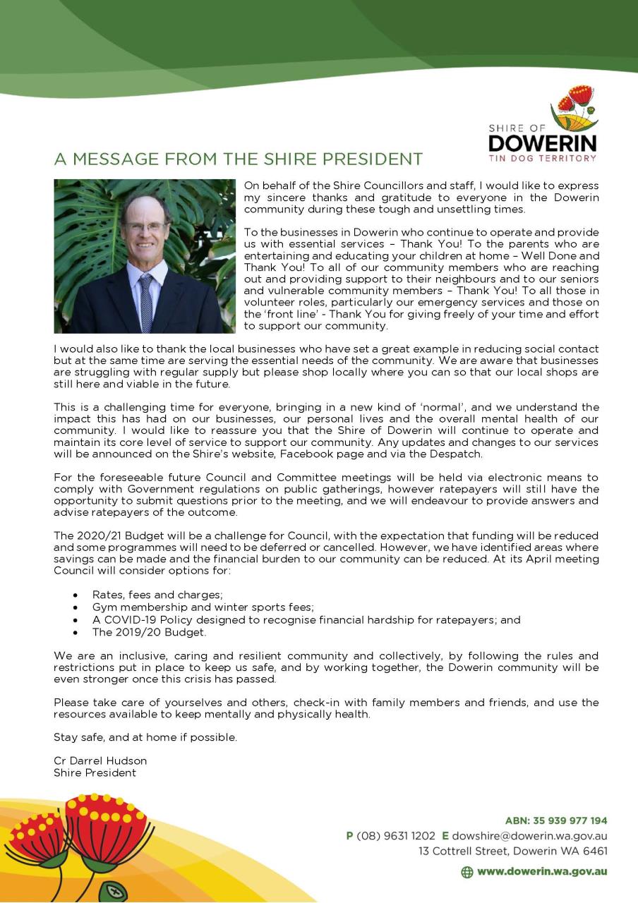 News Story - A Message from the Shire President » Shire of Dowerin